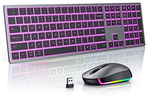 Backlit Wireless Keyboard and Mouse, PEIOUS 7 Color Light Up Mouse and Keyboard, Full Size Rechargeable USB Illuminated Keyboard and Mouse for Mac, Chormebook, Windows Computer Laptop