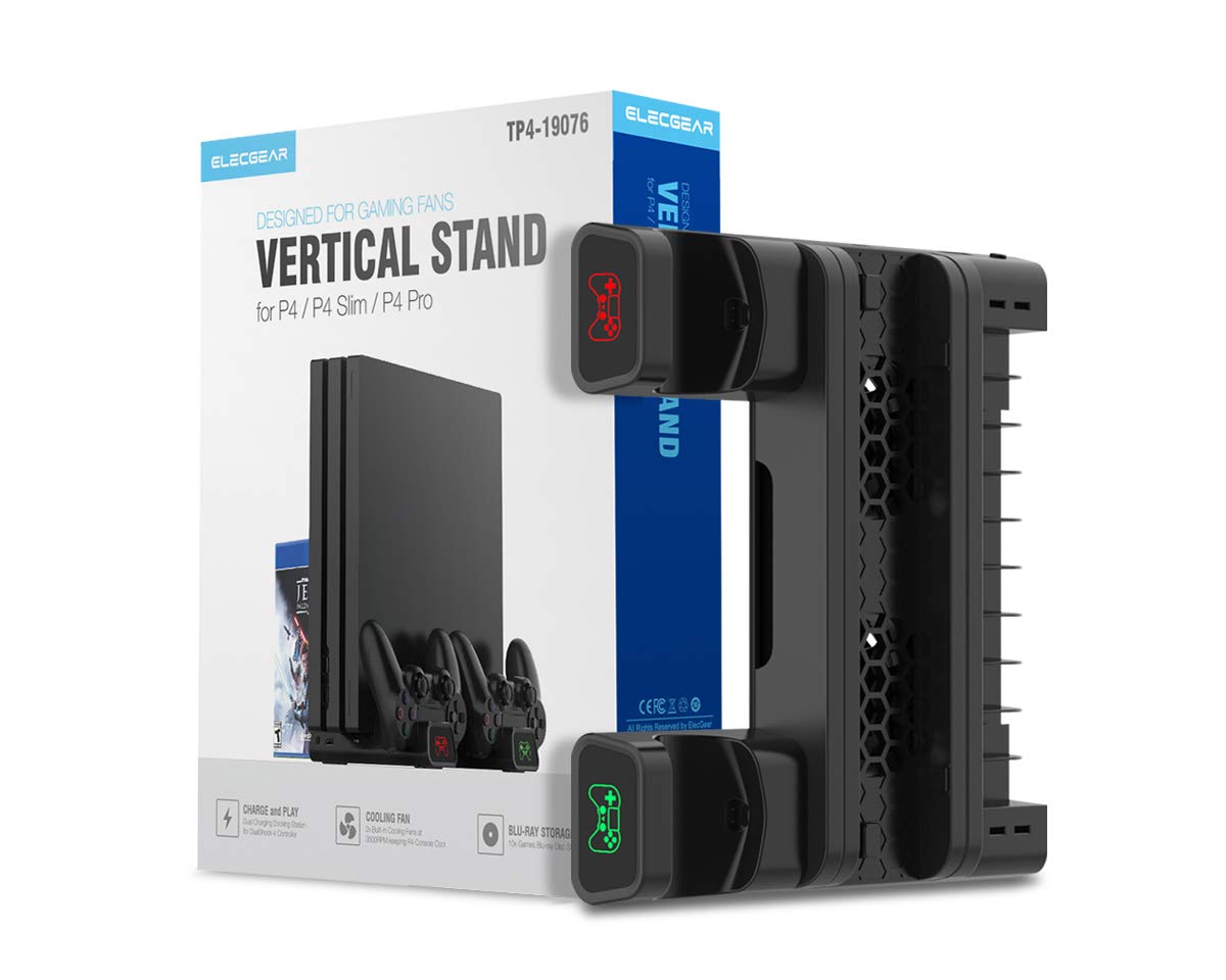 ElecGear PlayStation 4 Vertical Stand and Cooling Fan, Dual Charging Station for DualShock 4 Controller Charger Dock with 4X Mini Dongle, 10x Games Storage Bracket for PS4, PS4 Pro and PS4 Slim