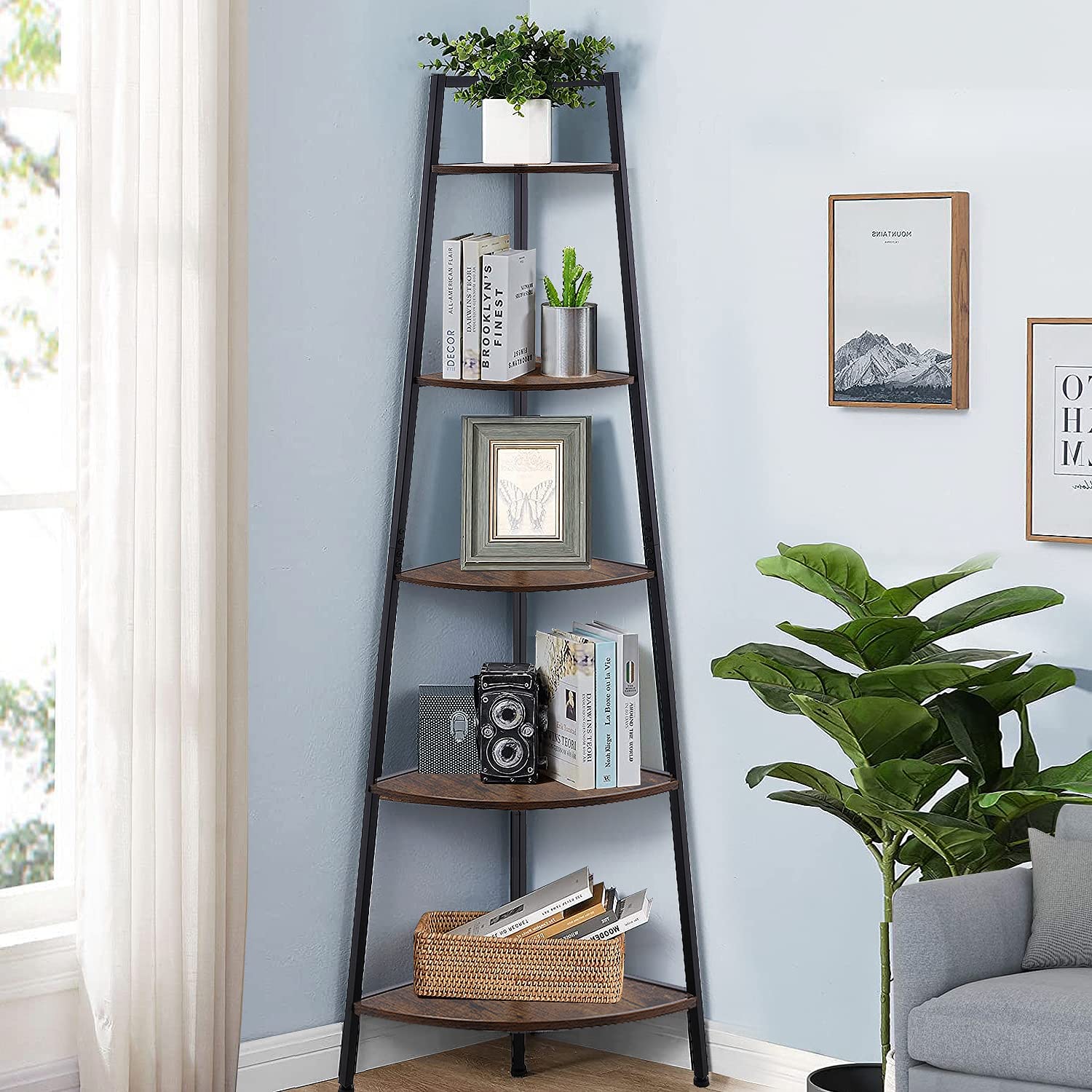 NAIYUFA Industrial Corner Shelf Stand,5 Tier Corner Shelf,Modern Corner Bookshelf Small Bookcase, Rustic Tall Corner Ladder Bookcase Plant Stand for Living Room,Kitchen,Home Office