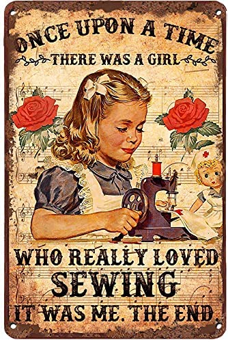 Kqaiiok Vintage Tin Sign Girl Loves Sewing Funny Novelty Metal Sign Retro Wall Decor for Home Gate Garden Bars Restaurants Cafes Office Store Pubs Club Sign Gift 12 X 8 INCH Plaque Tin Sign