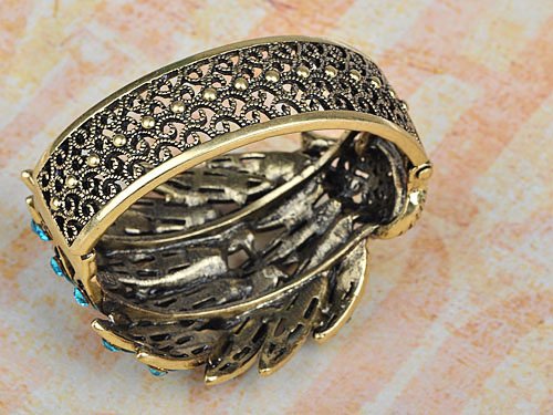 Alilang Womens Antique Golden Tone Peacock Bracelet Bangle With Turquoise Blue Gems, Blue