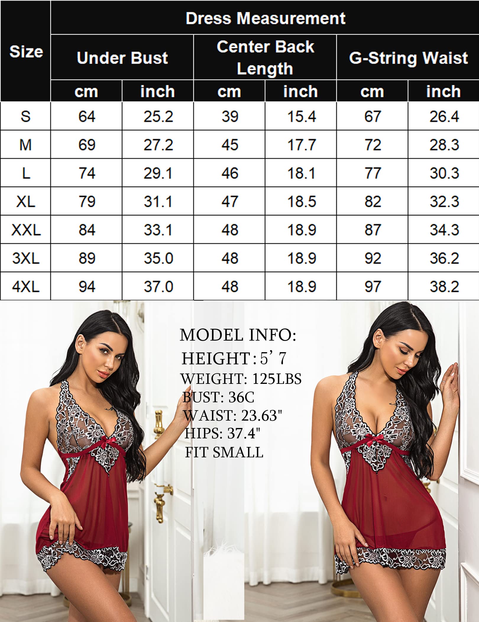 Avidlove Women's Lingerie Cute Sexy Night Gowns Embroidered Maid Outfit Dark Red Large