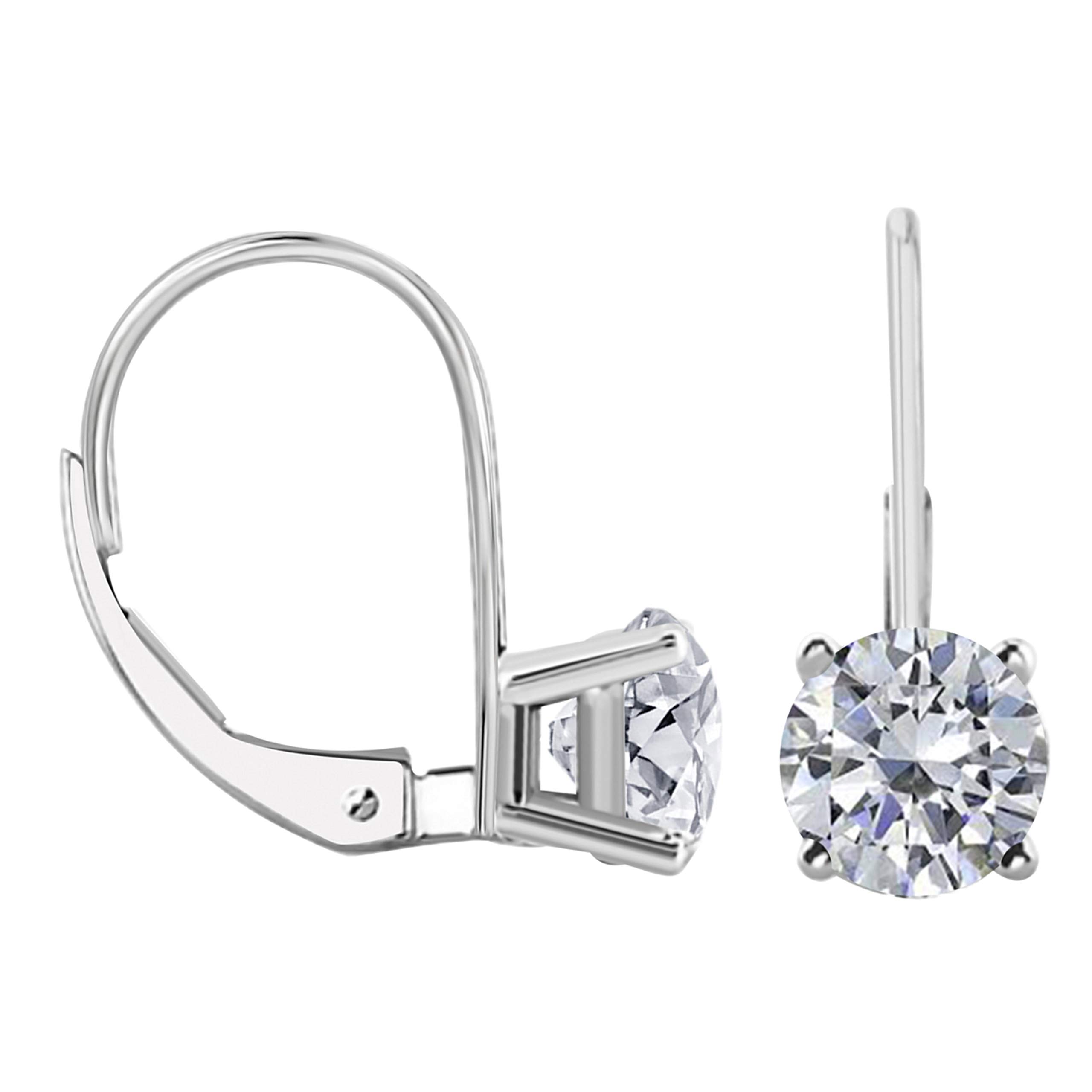 AoneJewelry 1.00 Carats Round White Diamond Leverback Earrings for Women in 14K White Gold Prong-Setting