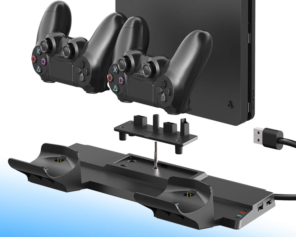 ElecGear Vertical Charging Stand for PS4, Dual Charging Station Charger Dock for DualShock 4 Controller with 4X Mini Dongle Adapter and 2X USB Port Accessory Kit for PS4, PS4 Slim, PS4 Pro