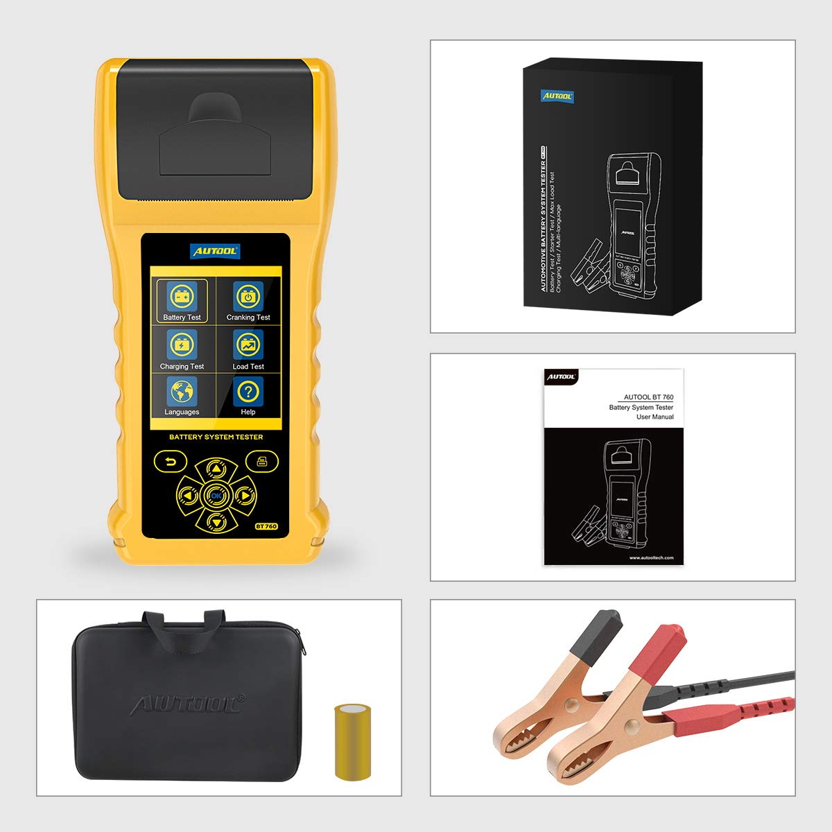 AUTOOL BT-760 12V/24V 30-1700 CCA Auto Battery Load Tester Built-in Thermal Printer with 3PCS Thermal Paper for All Cars Cranking Charging System Diagnostic Tool