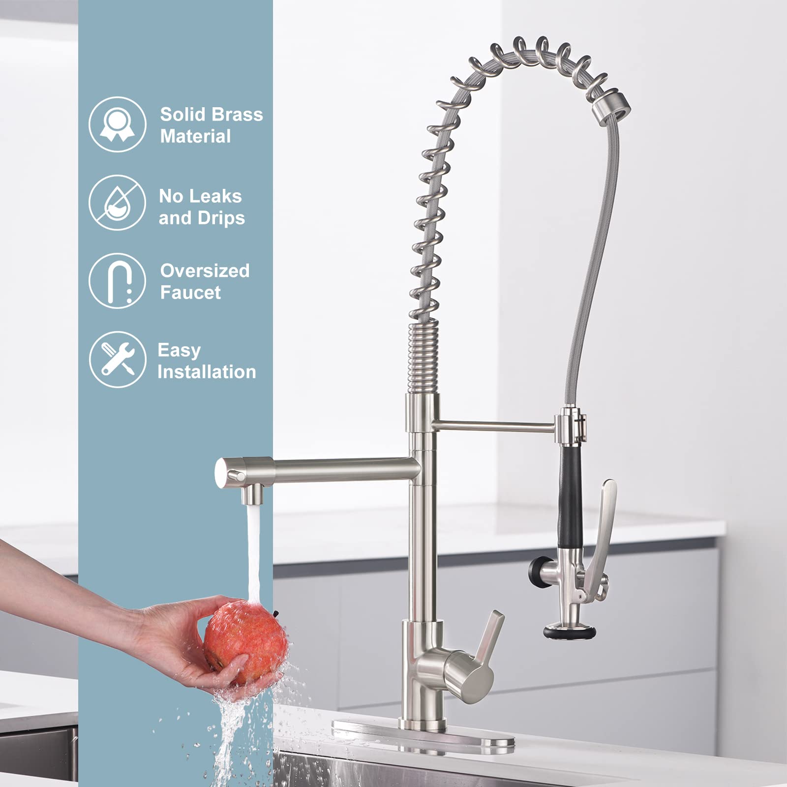 Commercial Kitchen Faucet with Pre-Rinse Sprayer, WOWOW Solid Brass Commercial Restaurant Faucet 1 or 3 Hole Spring Kitchen Faucet with Deck Plate, Brushed Nickel