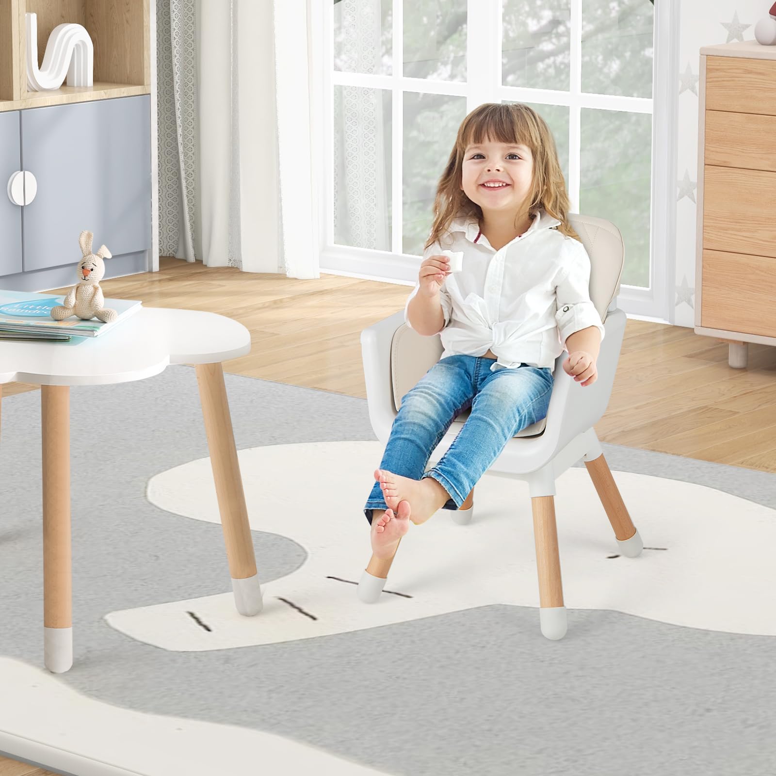 BABY JOY Baby High Chair, 6 in 1 Convertible Wooden High Chair for Babies & Toddlers with Adjustable Legs, Double Removable Tray, Safety Harness & Waterproof PU Cushion (Beige)