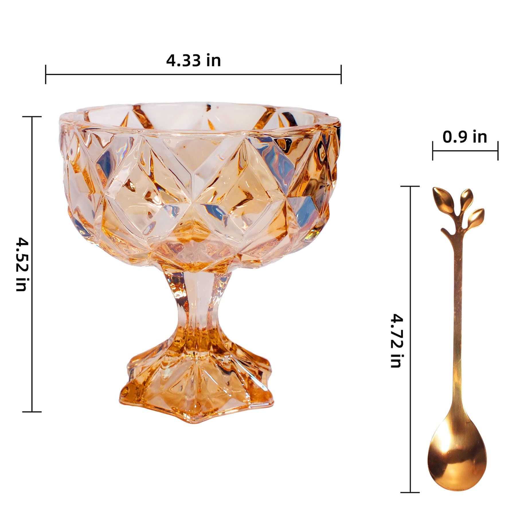 binsakao Amber Glass Dessert Bowls with Spoon, Ice Cream Bowls for Fruit Salad Milkshakes Trifle Pudding Snack Cocktail Drinks Condiment Sundae Party (10 oz, Set of 2)