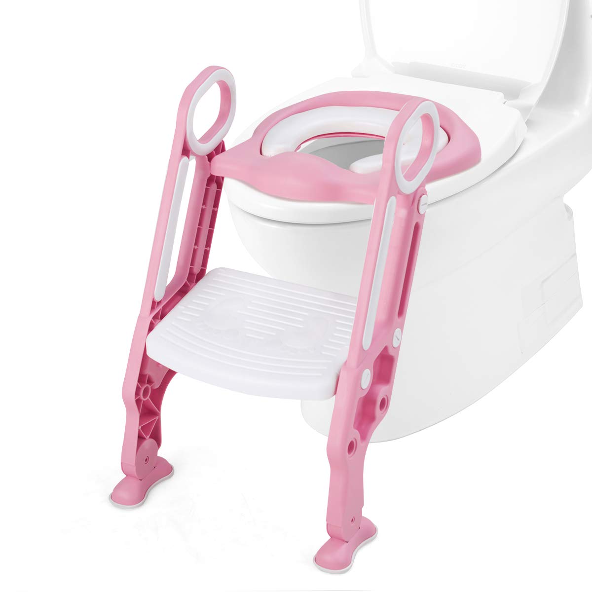 BABY JOY Kids Portable Potty Training Toilet Seat w/Step Stool Ladder, Foldable and Adjustable Toddler Toilet Training Seat Chair for Boys Girls Toddlers, Non-Slip Pads and Soft Cushion Seat (Pink)