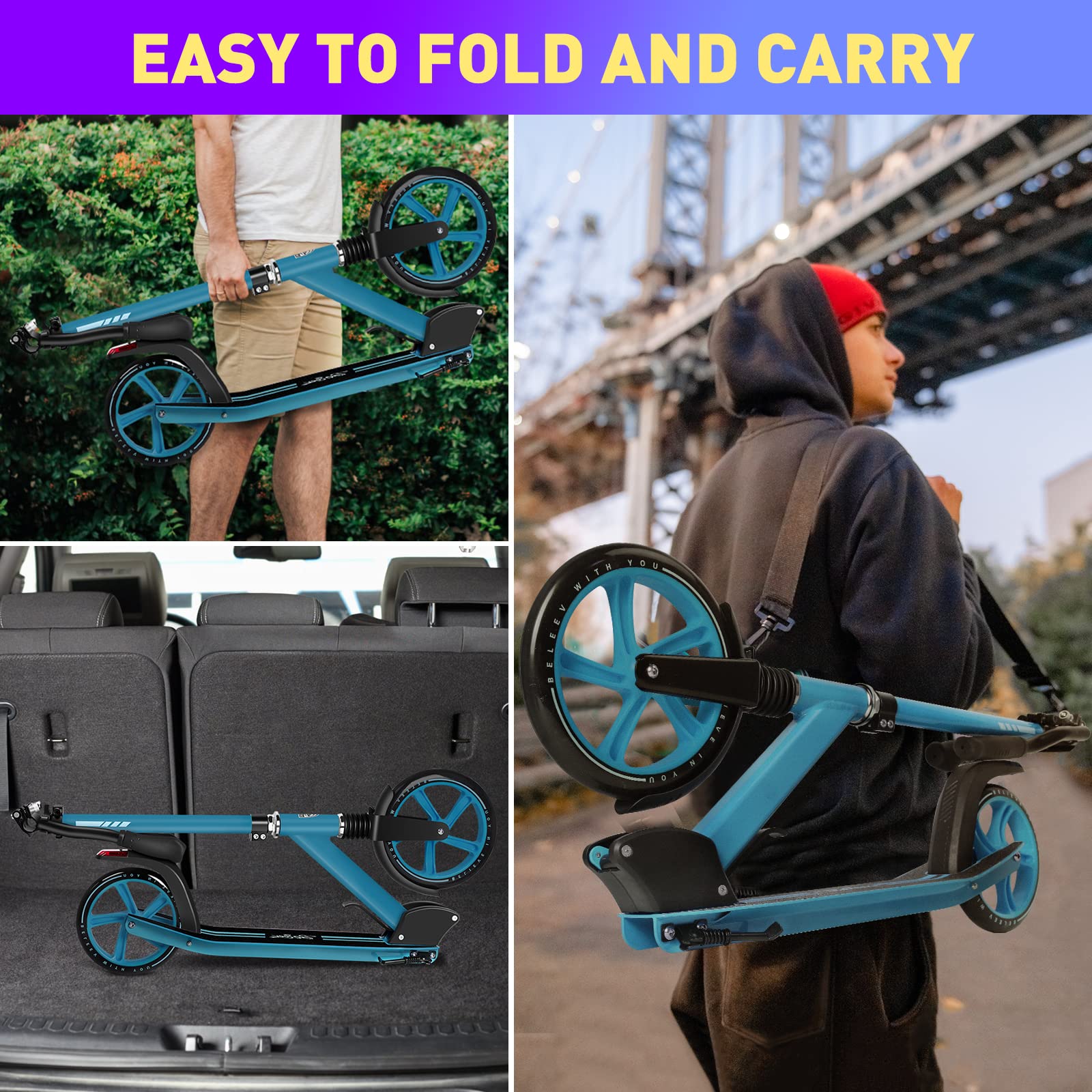 Beleev V5 Scooters for Kids 8 Years and Up, Foldable Kick Scooter 2 Wheel, Quick-Release Folding System, Shock Absorption Mechanism, Large 200mm Wheels Sports Scooters for Adults and Teens (Navy Blue)