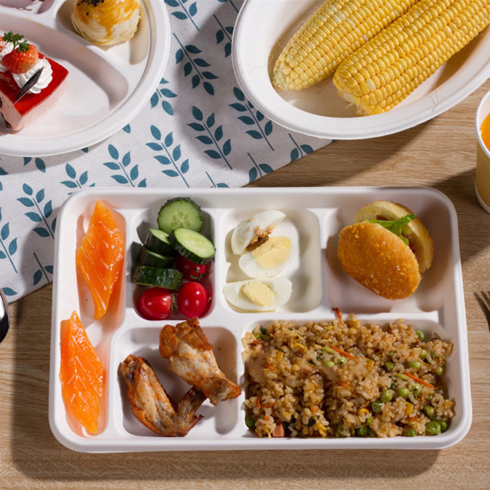 Bekith 60 Pack 6-Compartment Disposable Paper Plate, 100% Compostable Bagasse School Lunch Tray, Heavy-Duty Sectional Plates Eco-Friendly Made of Sugar Cane Fibers