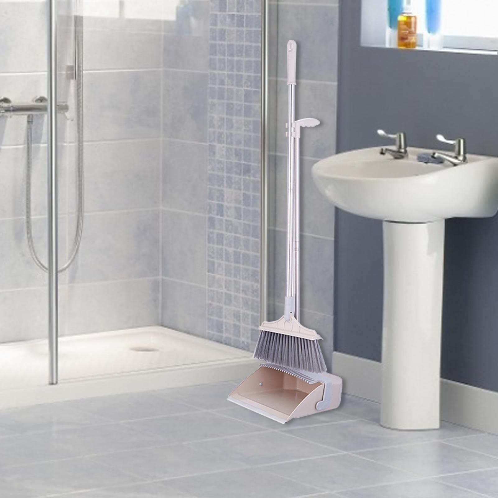 Broom and Dustpan Set for Home, Upright Stand Up Broom and Dustpan Set, Detachable Broom with Dustpan Combo, for Home Kitchen Lobby Indoor Floor Cleaning Pingfen