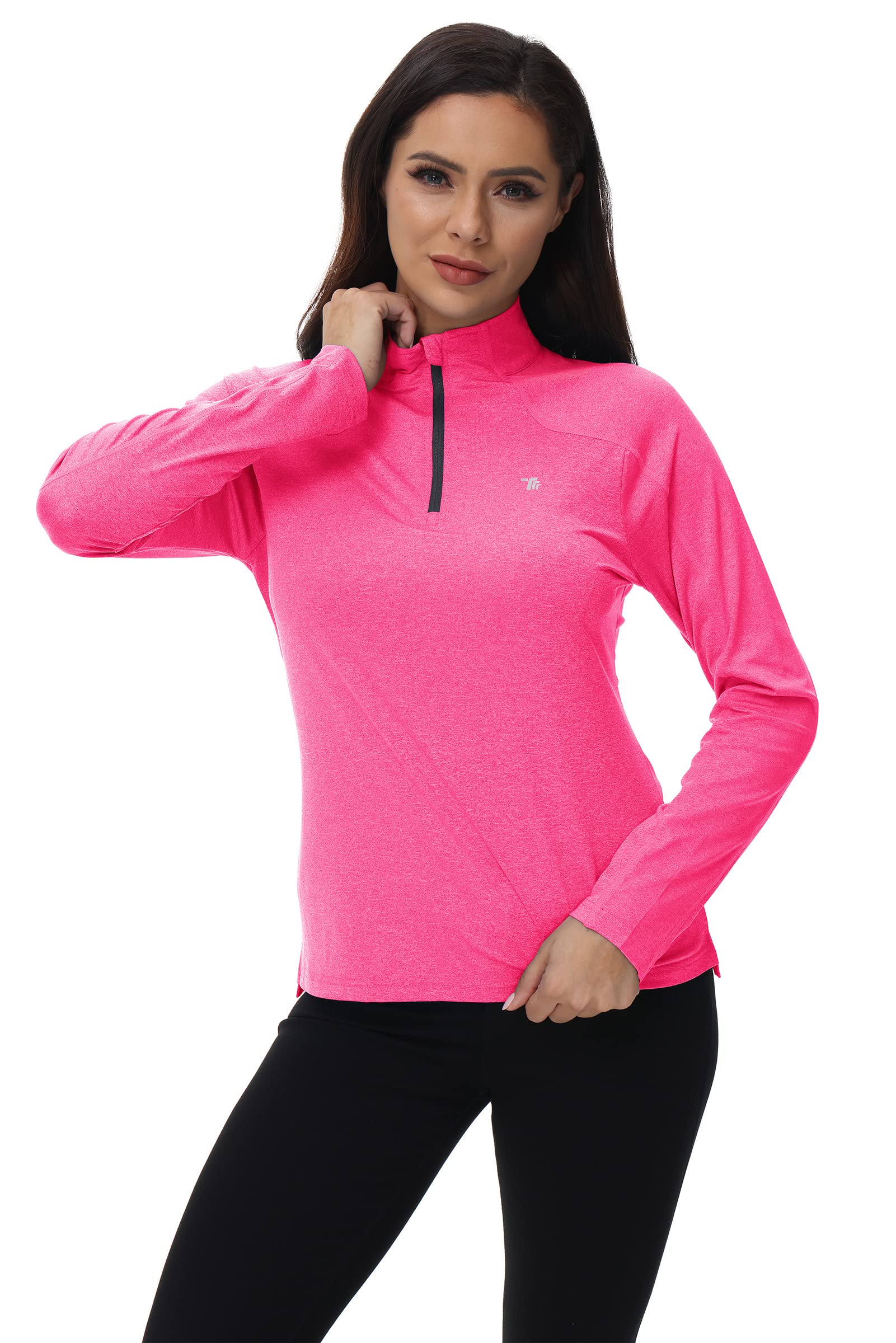 BASUDAM Women's Long Sleeve Pullover Quarter Zip Shirts Performance Moisture Wicking UPF 50+ for Running Workout Dark Pink S