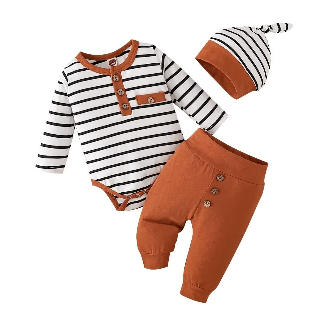 Baby Boy Clothes 0-3 Months Infant Fall Winter Outfits Long Sleeve Stripe Tops+Pants Set,Brown Boy Clothes 0-3M/60CM
