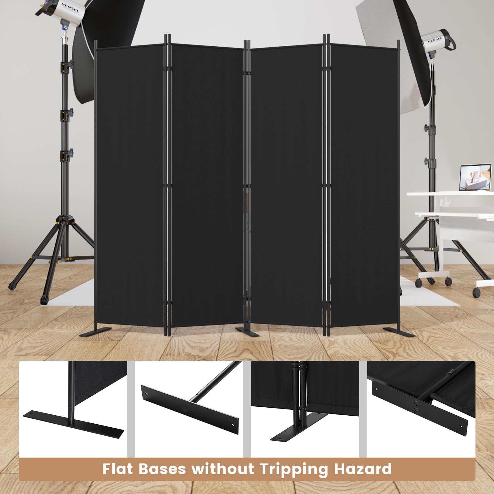 C-Hopetree 8 Panels Room Divider, 6 Ft Tall Indoor Folding Privacy Screen, Portable Partition Separator, Freestanding Separation Temporary Wall for Office, Bedroom, 160" W X 71" H, Black