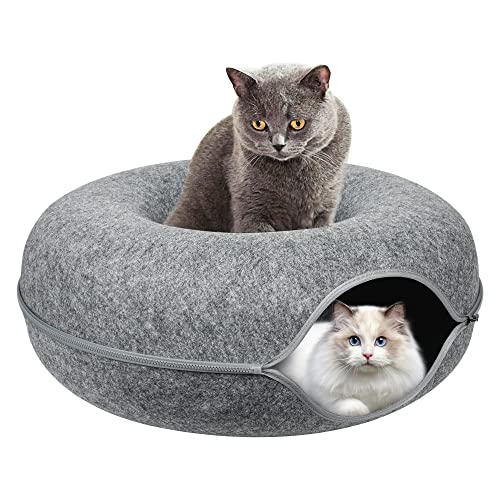 Cat Tunnel Bed, Cat Cave Bed ďźBeds for Indoor Cats - Large Cat House for Pet Cat Cave ďźDetachable Round Felt & Washable Interior Cat Play Tunnel for Small Pets (24 Inch, Dark Grey)