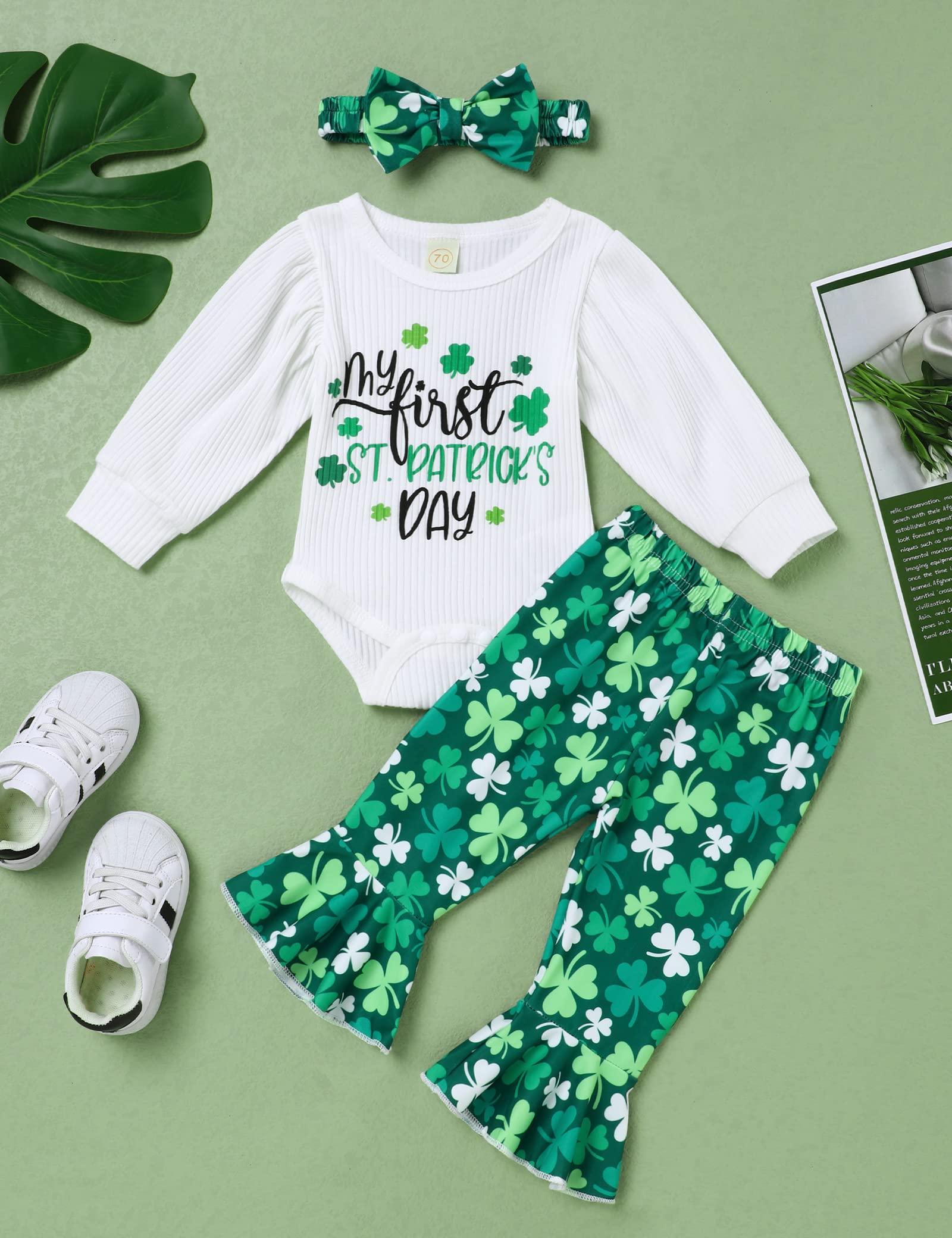 bilison St Patricks Day Baby Girl Outfit My First St Patricks Day Romper Tops Four Leaf Clover Flare Pants with Headband Set