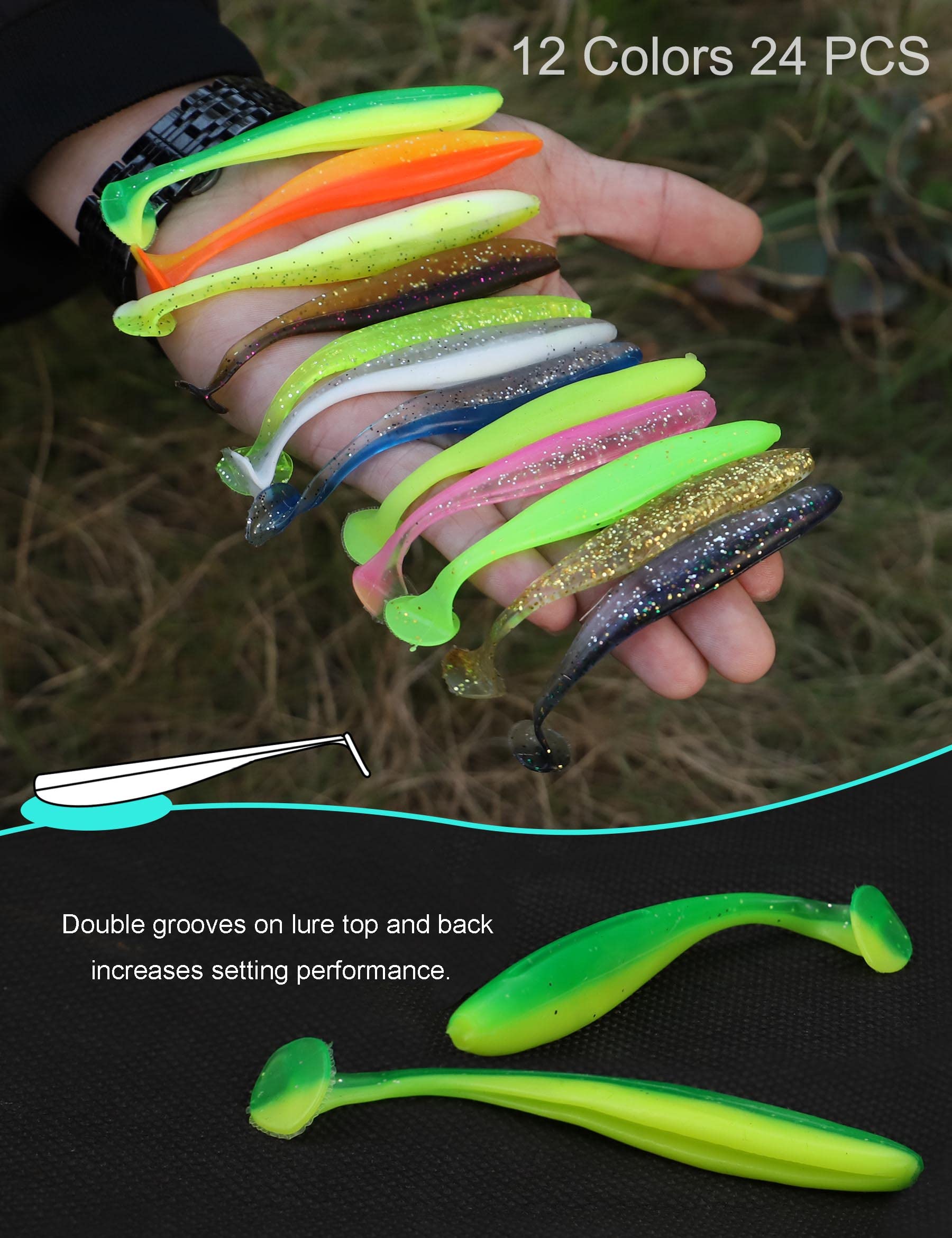 Avlcoaky Paddle Tail Swimbaits Soft Plastic Fishing Lures, 3.54in Swim Baits Bass Lures, 24 Pack - 12 Colors