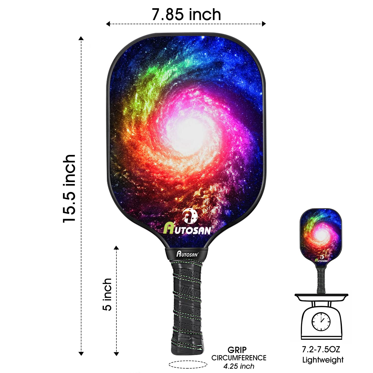 AUTOSAN Pickleball Paddle Graphite and Fiberglass Composite Face & Aramid Honeycomb Core,EdgeSentry Protect Pickleball Paddle with Cover,Rule Ebook,Lightweight 7.2-7.5OZ,Indoor Outdoor,Kid,Men Women