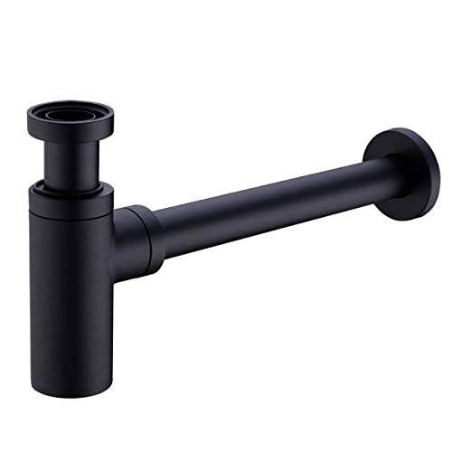 Bottle Trap Brass, Nicmondo 1 1/4 Round Bottle P-Trap Decorative Lavatory Basin Sink Waste Traps Drain Tube Kit Adjustable Height, Matt Black