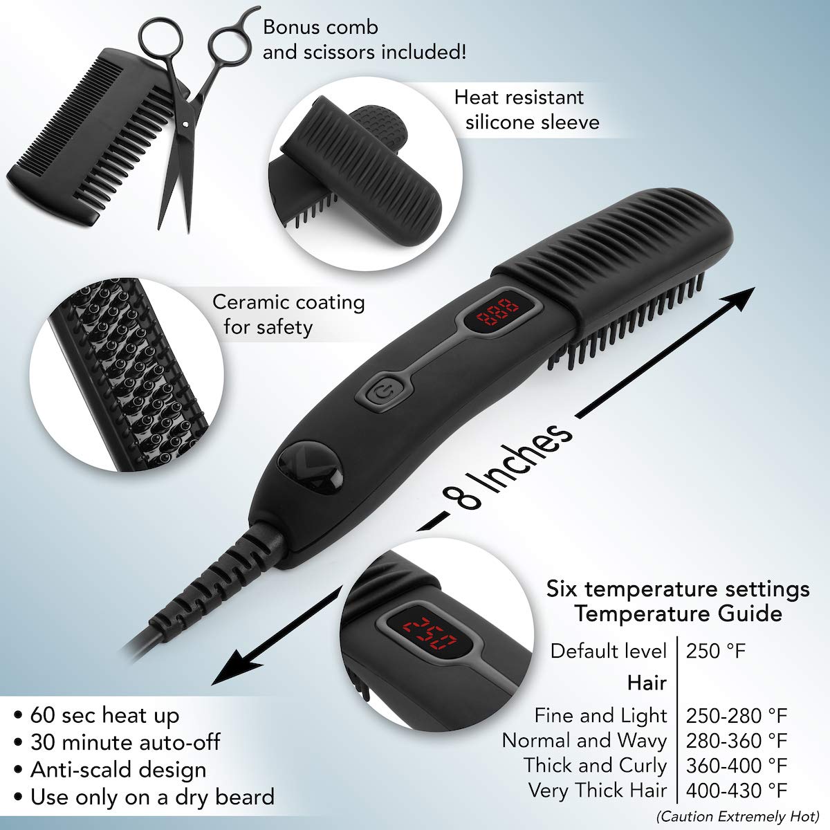 Beard Straightener Comb for Men - Upgraded Professional Beard Straightner Brush with LCD Display, 6 Heat Settings - Includes Travel Case, Wood Comb, Scissors and Ebook - Mens Beard Straightener