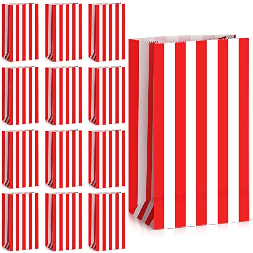 Dianelhall 28 Pcs Red and White Striped Bag Circus Carnival Treat Bags Party Favor Gift Stripes Candy Goodie Kraft Paper for Christmas Valentines Birthday