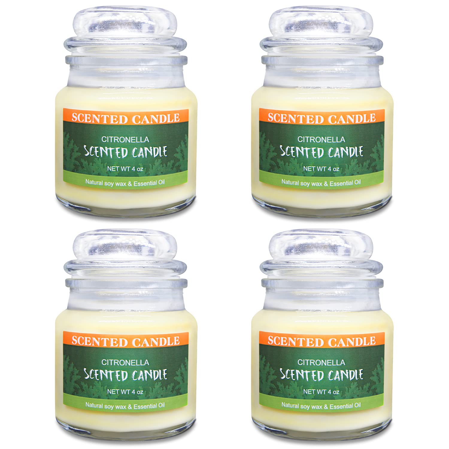 Citronella Candles 4-Pack, 4oz Yellow Soy Wax with Lemongrass Essential Oil - Scented Glass Jar Candles for Outdoor and Indoor Use