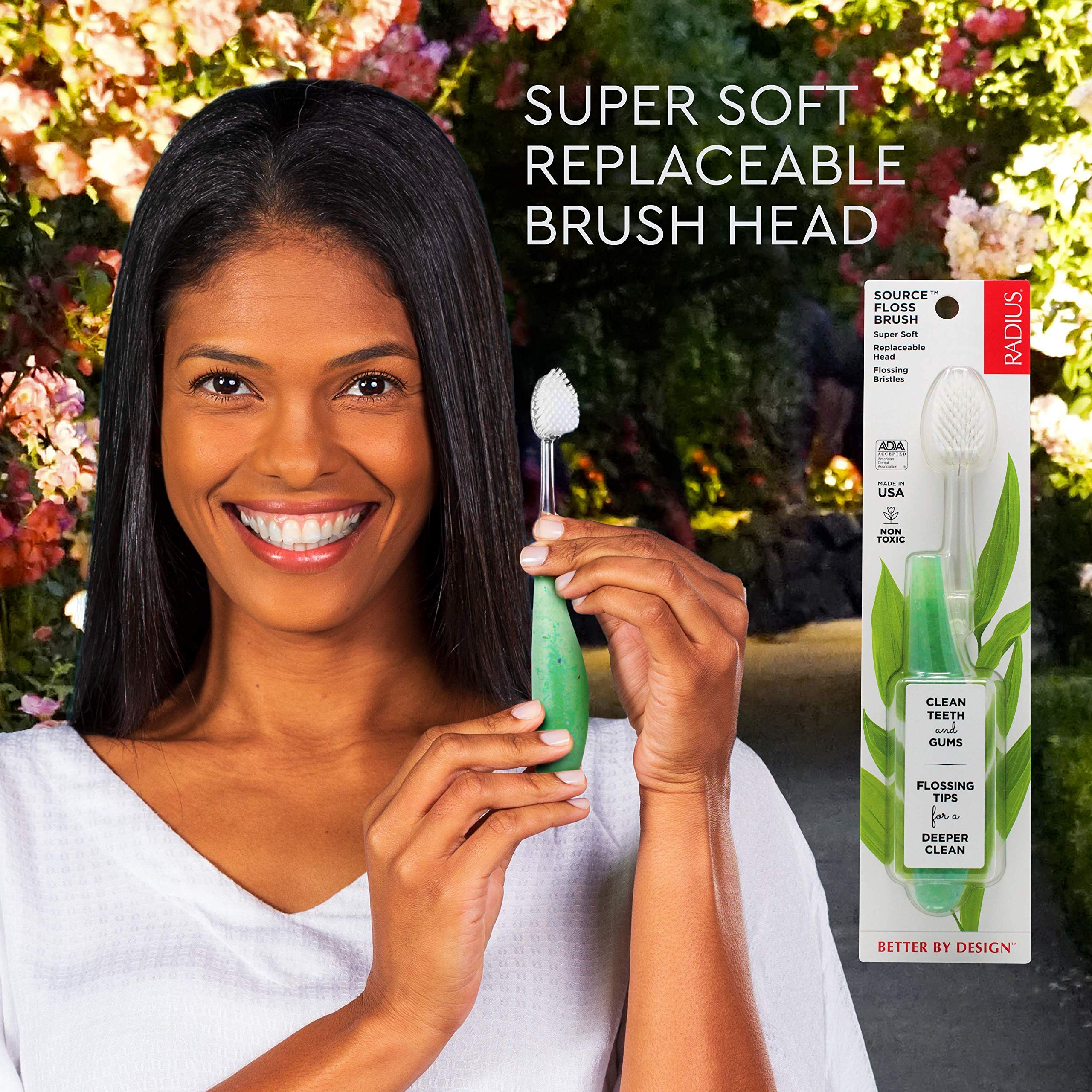 RADIUS Toothbrush Source Floss Brush BPA Free & ADA Accepted Improve Gum Health & Reduce Gum Issues - Super Soft - Cornstarch/Wood/Money - Pack of 3