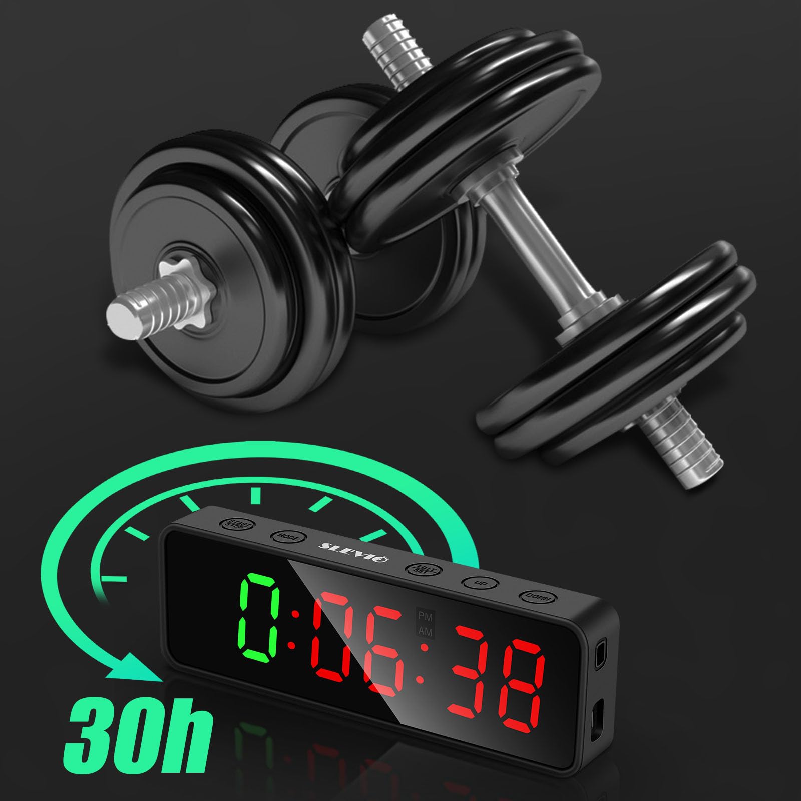 Portable Gym Workout Timer, Fitness Clock with The Rubber Case and Built-in Magnetic Spine, Large LED Digital Anti Vertigo Display, for Home Garage Schools (Black)