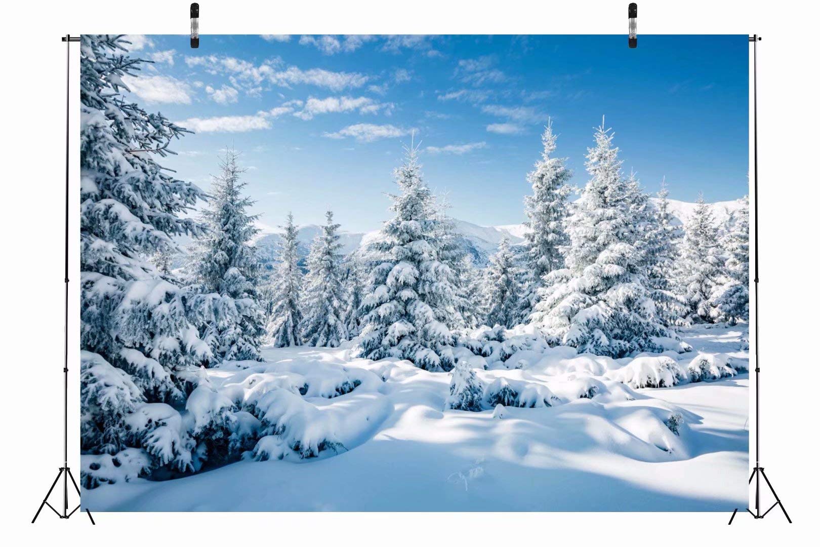 BELECO 9x6ft Fabric Winter Snow Forest Backdrop Frozen White Xmas Trees Wintry Scene Alps Photography Backdrop for Christmas New Year Party Decorations Winter Wonderland Background Photo Props