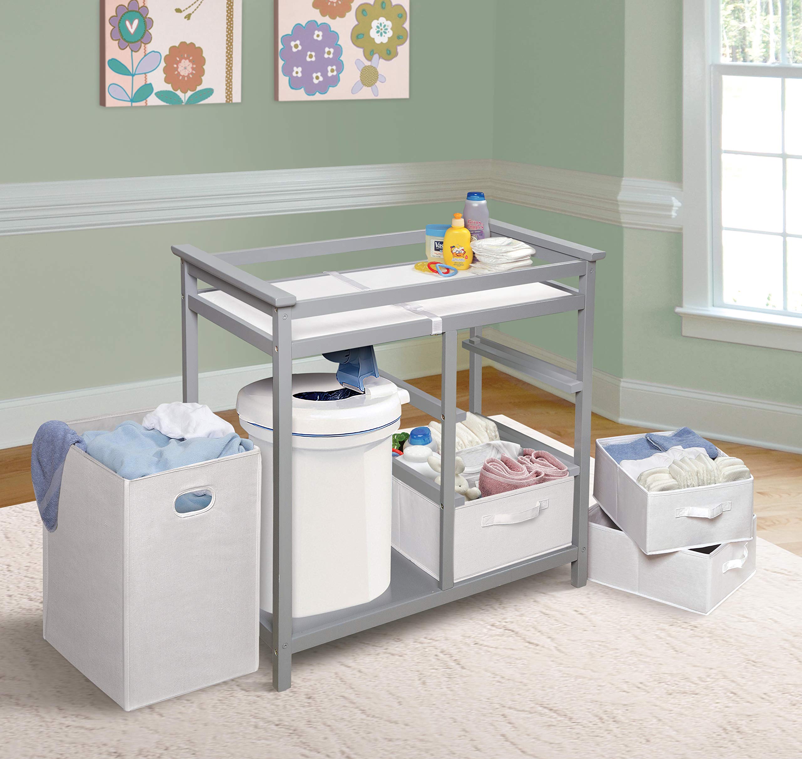 Badger Basket Modern Baby Changing Table with Laundry Hamper, 3 Storage Drawers, and Pad - Cool Gray