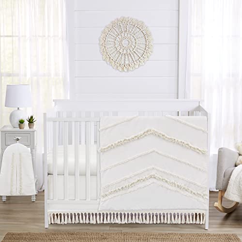 Sweet Jojo Designs Ivory Neutral Boho Bohemian Baby Kid Clothes Laundry Hamper - Solid Color Beige Cream Off White Farmhouse Chic Unisex Minimalist Tassel Fringe Macrame Cotton Gender Neutral