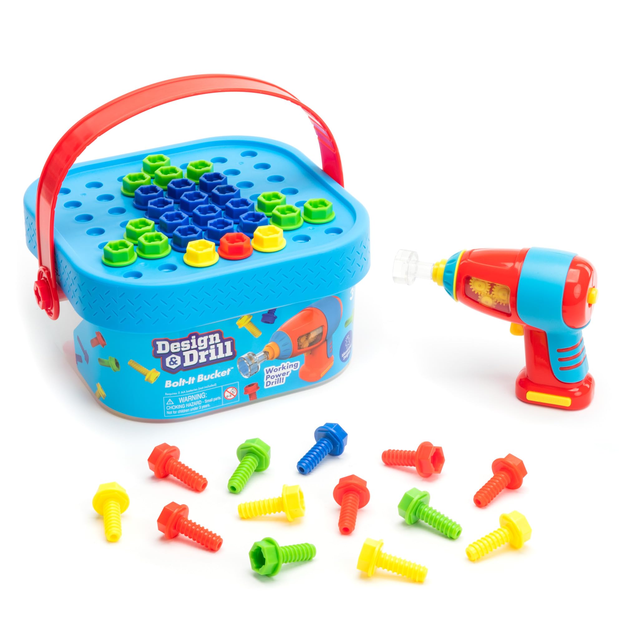 Educational Insights Design & Drill Bolt-It Bucket with Electric Drill Toy, 56 Pieces, STEM Toy, Gifts for Boys & Girls, Ages 3+