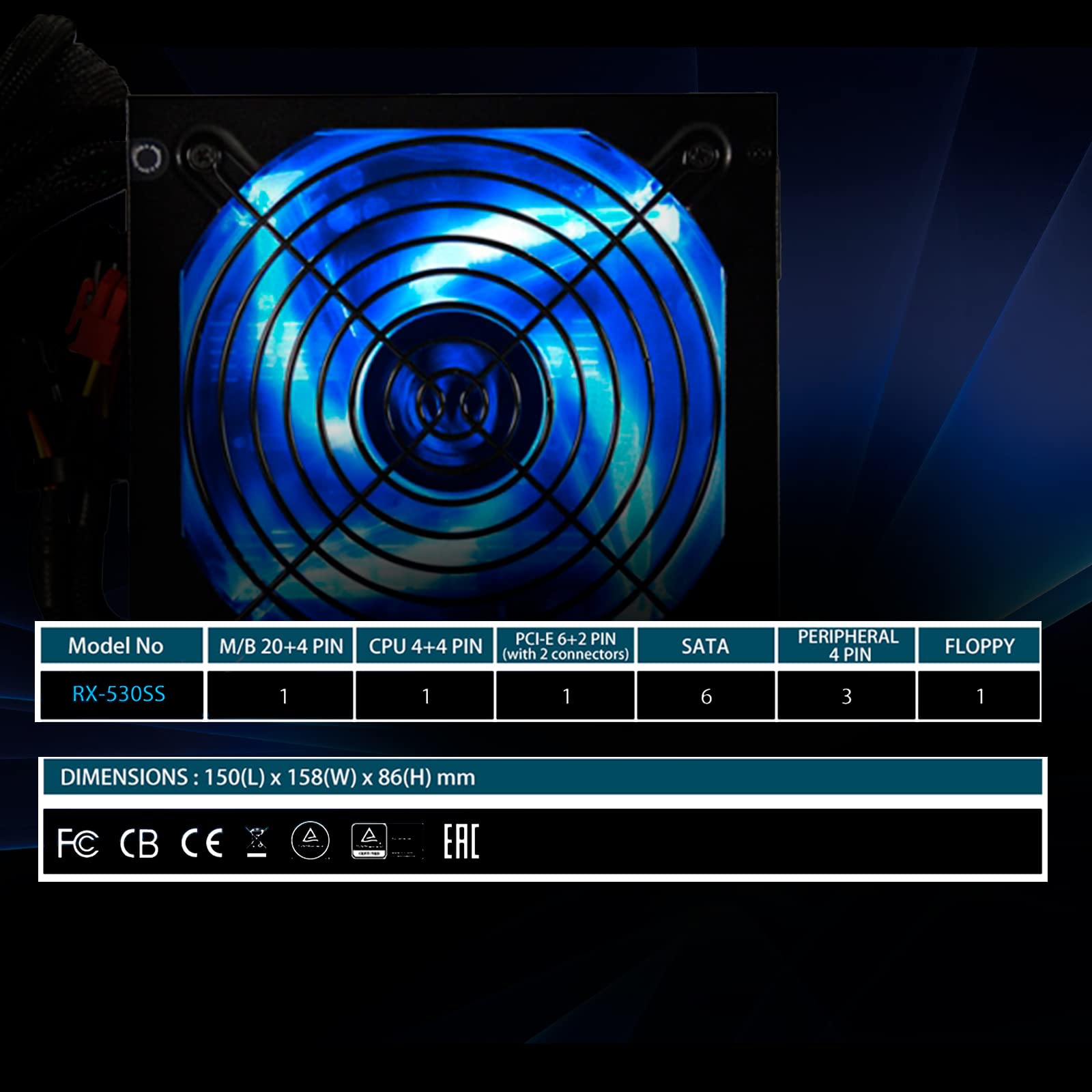 Raidmax Power Supply with Fan RX-530SS, Black/Blue