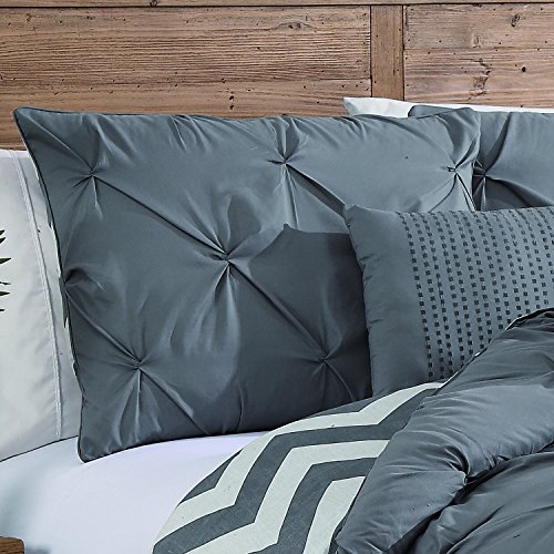 Avondale Manor 7-Piece Ella Comforter Bed Set - Reversible Ultra-Soft Pinch Pleat Grey Bedding Comforter Set with 3 Decorative Pillows for Queen Bed, Hypoallergenic, 7 Pieces, Queen Grey