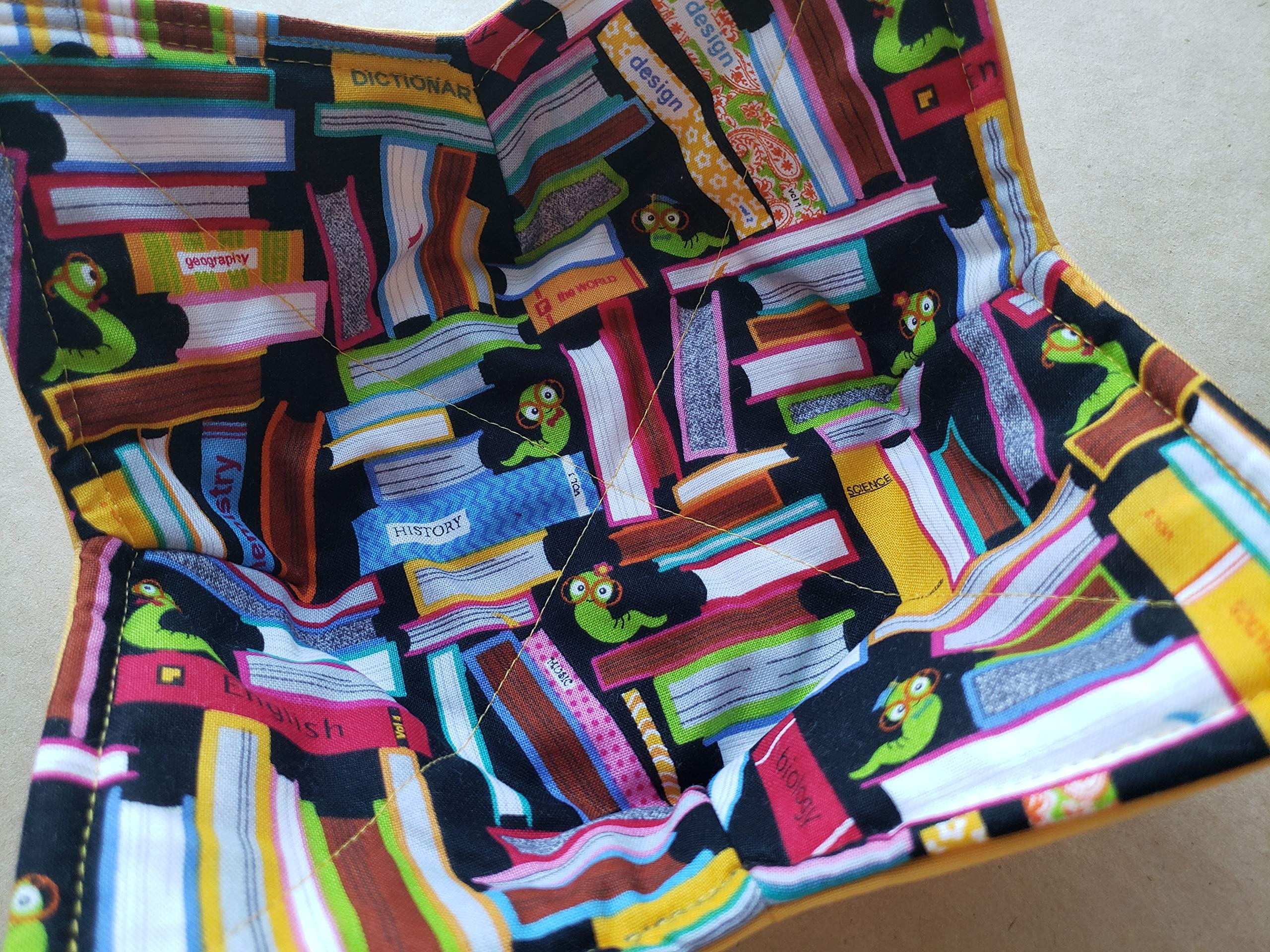 Bookworm Microwave Bowl Cozy Books Library Librarian Bibliophile Reversible Microwave Soup Bowl Holder Handmade Housewarming Hostess Gifts Under 10