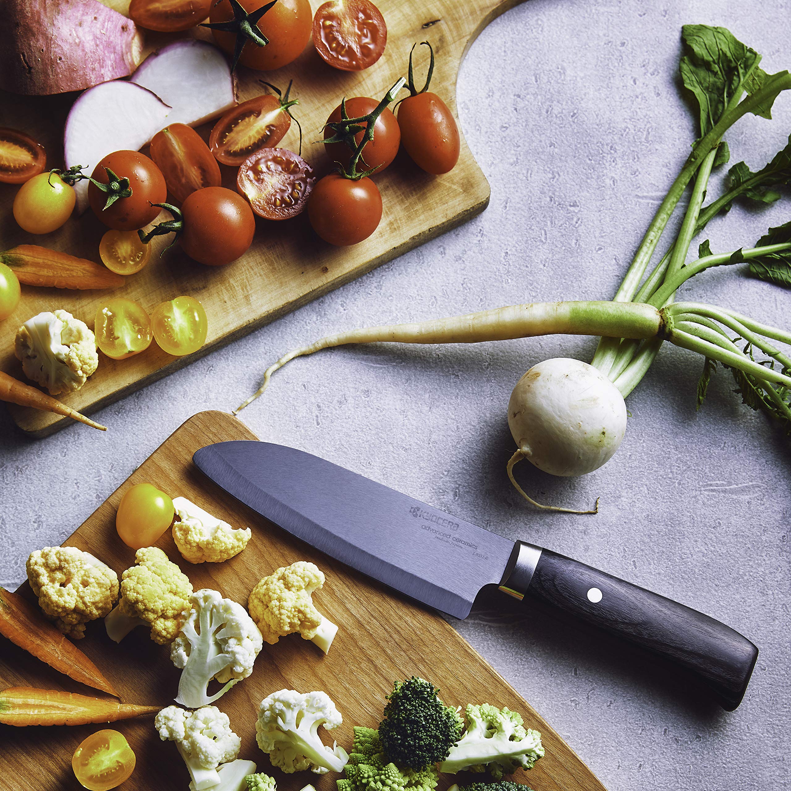 Kyocera Advanced Ceramic LTD Series Santoku Knife with Handcrafted Pakka Wood Handle, 5.5-Inch, Black Blade