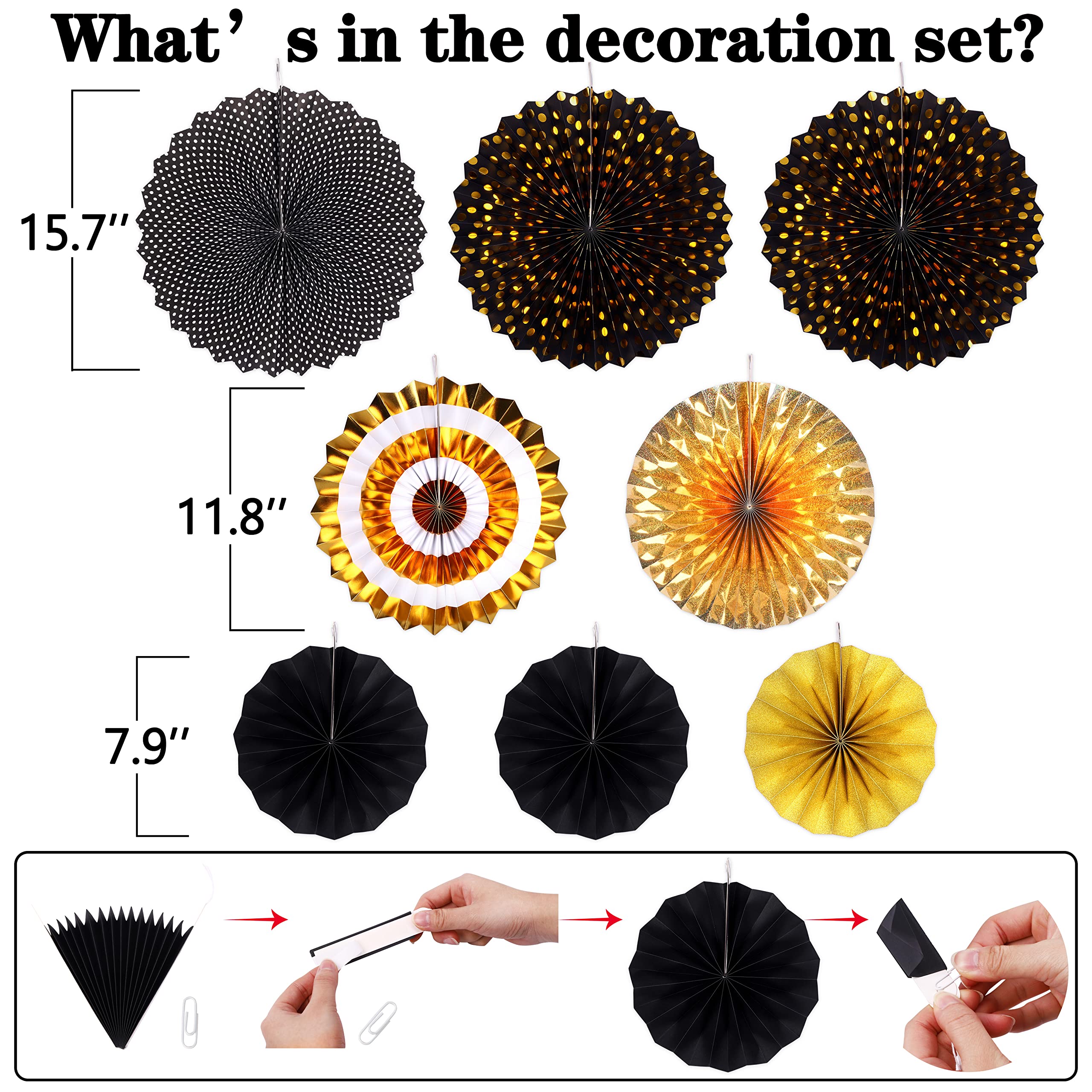 Moon Boat 35PCS Party Decorations Paper Fan Hanging Set - Birthday,Graduation,Baby Shower,Wedding,Retirement,Black and Gold Decor(Black)