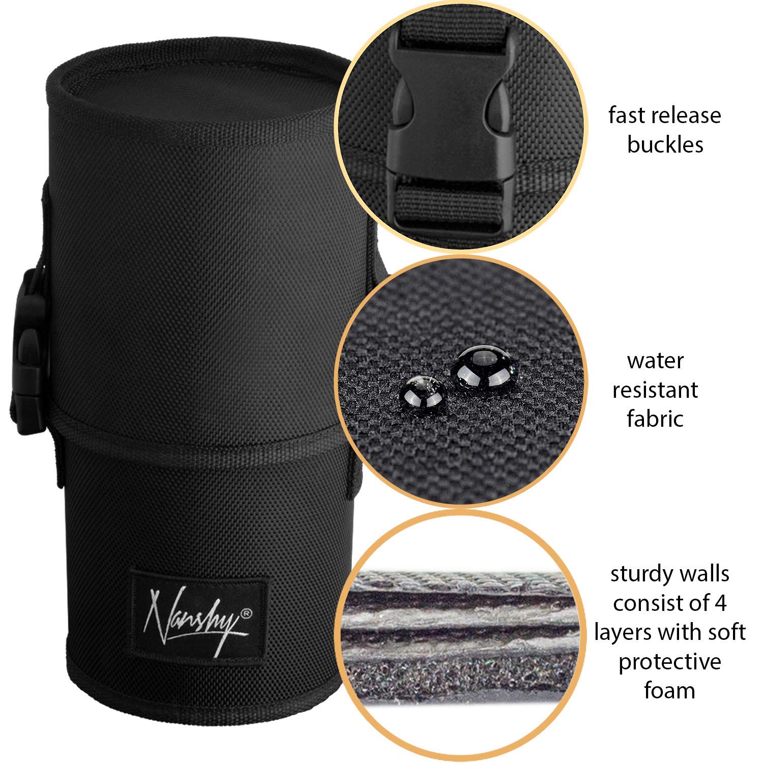 Nanshy Travel Makeup Brush Holder with Lid - Large, Stand Up Makeup Brush Case for MUA - 2-in-1 Durable Makeup Brush Organizer Bag & 2 Brush Cups - Brushes Not Included - Black - 9 x 4 x 4 Inches
