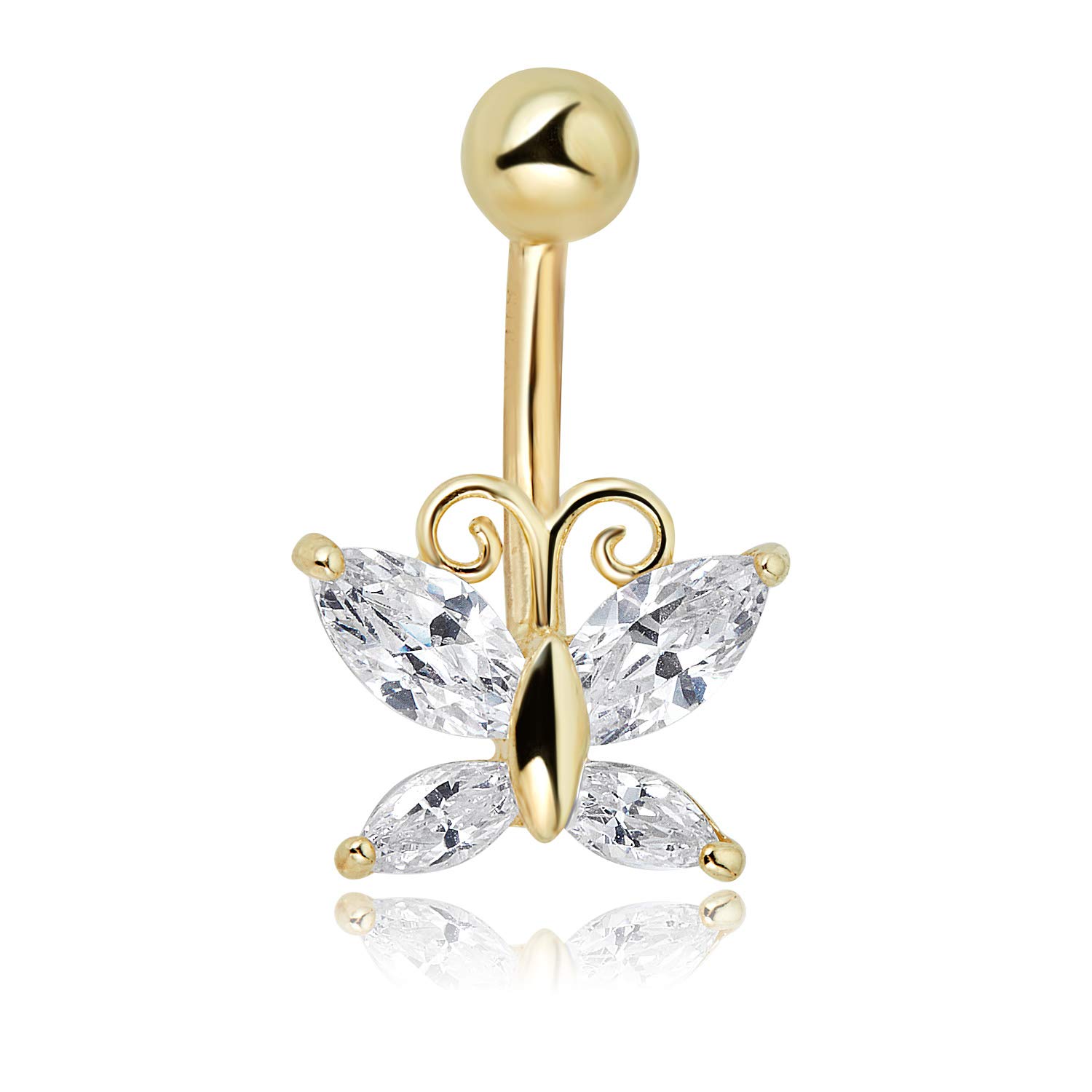 AVORA 10K Yellow Gold Simulated Diamond CZ Dangling Fancy Butterfly Belly Button Ring Body Jewelry (14 Gauge)