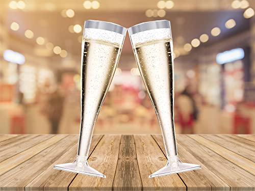 BloominGoods 50 Plastic Silver Glitter Champagne Flutes | 7 oz. Clear Hard Disposable Party & Wedding Glass | Premium Heavy Duty Fancy Cup (50-Pack)