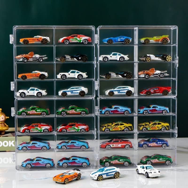 Hot 1/64 Scale Matchbox Toy Car Display Box 4 Piece Toy Car Storage Box Holds Up to 32 Hot Wheels Cars, Clear Display Box with Clear Snap-On Dust Cover
