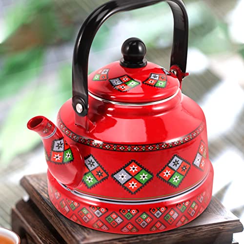 DOITOOL Enamel Tea Kettle Vintage Stovetop Tea Pot Hot Water Boiling Kettle Gas Cooker Kettle Coffee Pot with Handle 2.5L Red