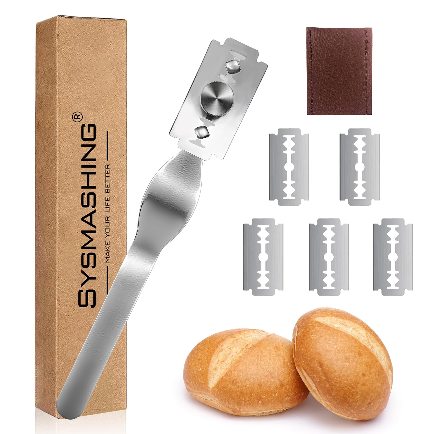 Sysmashing Premium Bread Lame for Dough Scoring Knife,Stainless Steel Bread scoring tool, Tool Sourdough Slashing with 5 Blades Included Leather Protector Cover