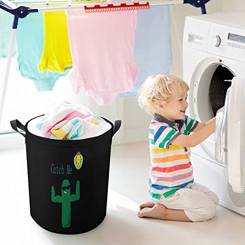 Cactus Balloon Laundry Basket Round Collapsible Storage Bin with Drawstring and Handle for Bedroom Bathroom Toys Room 17.3" X 13.8"