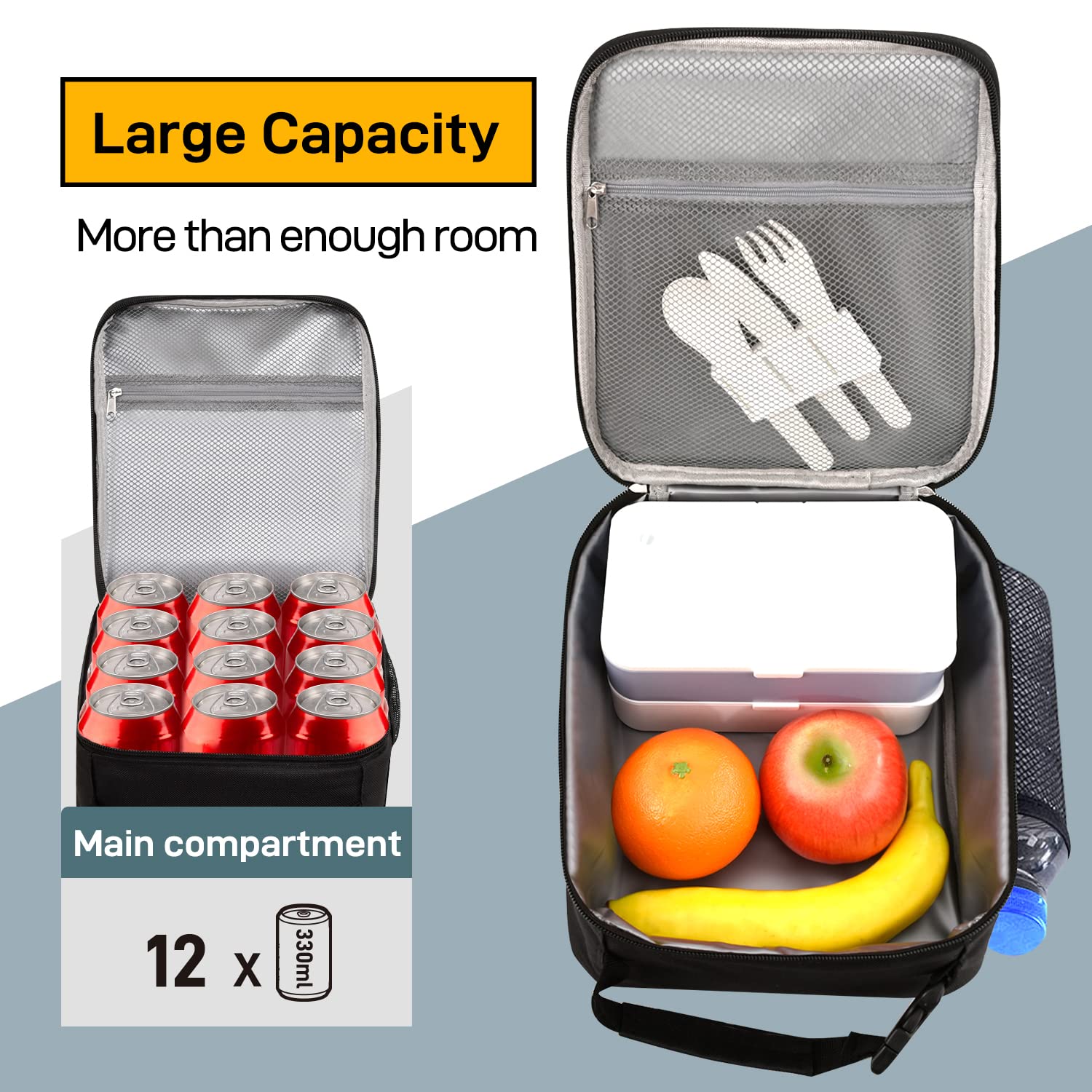 Buringer HOMESPON Reusable Lunch Bag Insulated Lunch Box Bento Cooler Tote with Front Pocket For Office/Outdoor (Black)