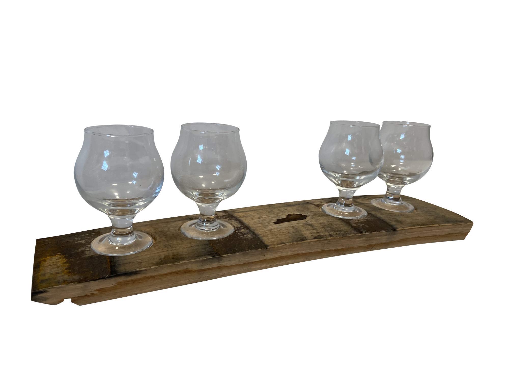 Bourbon Barrel Stave Flight Board With Four Snifter Glasses