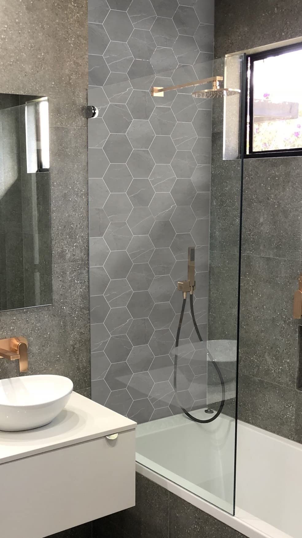 Avant Decor | Stone Composite Hexagon Stone Texture | Peel and Stick Kitchen Backsplash Tiles | Stick On Wall Tiles | Easy DIY Installation | 6β x 6.9β | Single Tile