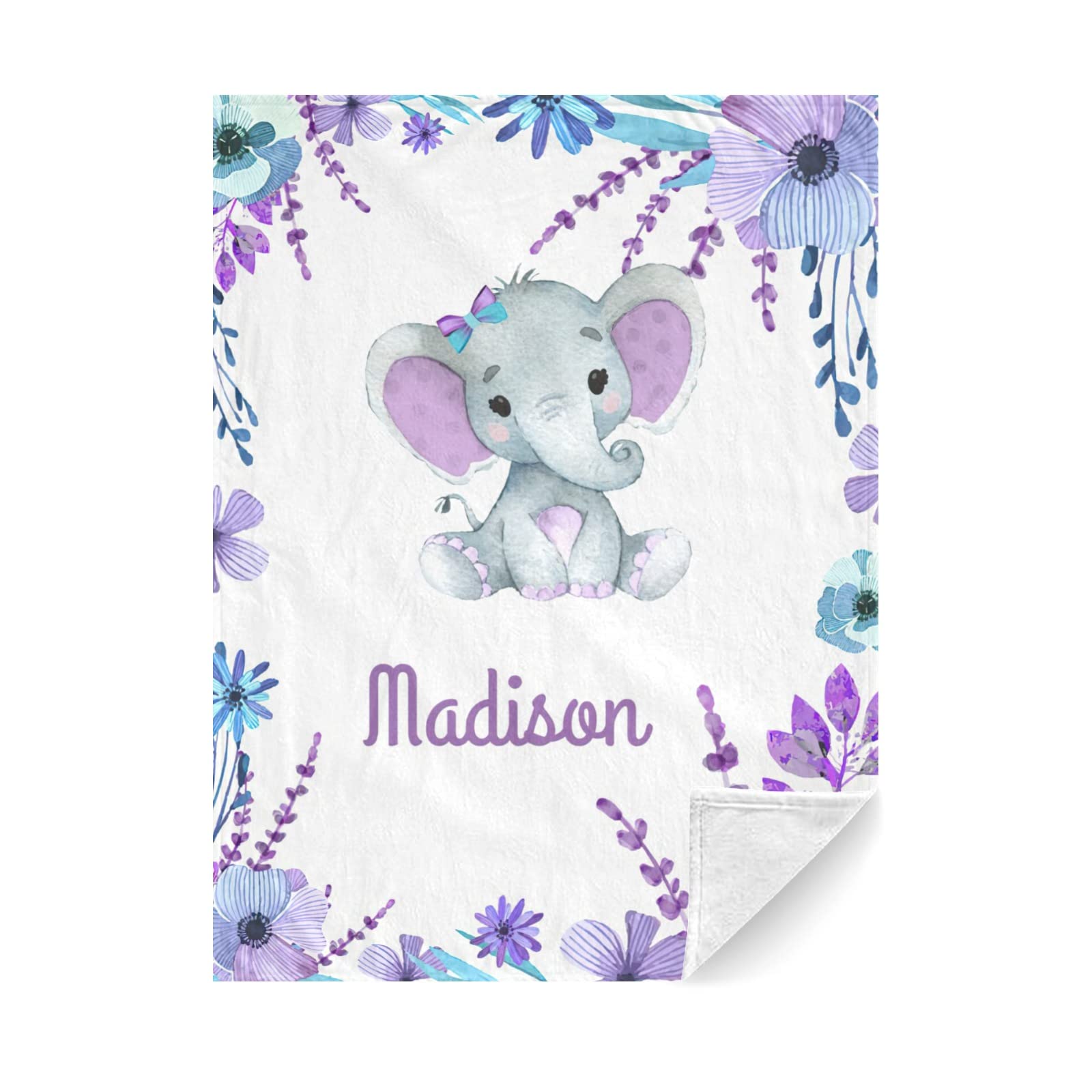 CADE Custom Baby Blanket with Name for Girls Personalized Baby Blanket Purple Floral Blankets Cute Elephant Blankets for Girls Customizable Baby Blanket Newborn Essentials Gifts - 30x40 inch