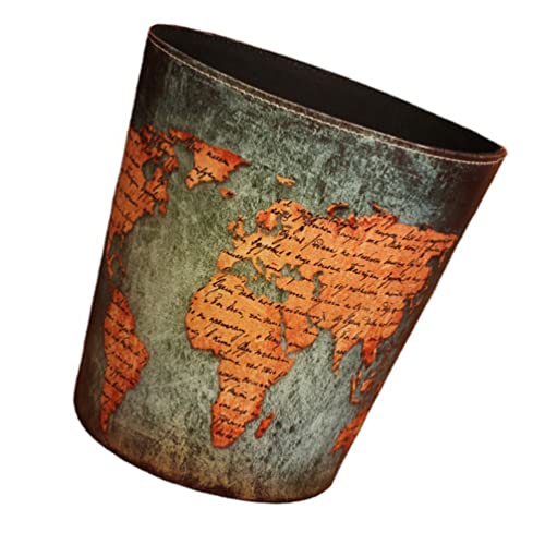 DOITOOL Retro Decorative Trash Can PU Leather Wastebasket Without Lid Waterproof Wastebasket 10 L/ 2.6 Gallon Capacity for Kitchen, Office, Living Room, Bedroom (Map)